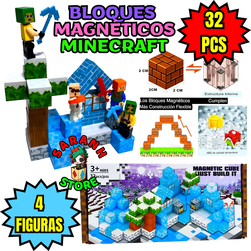 ️🧲 Mundo Hielo Minecraft: Bloques Magnéticos 32 Pzs 🧊 ¡Construye en e ...